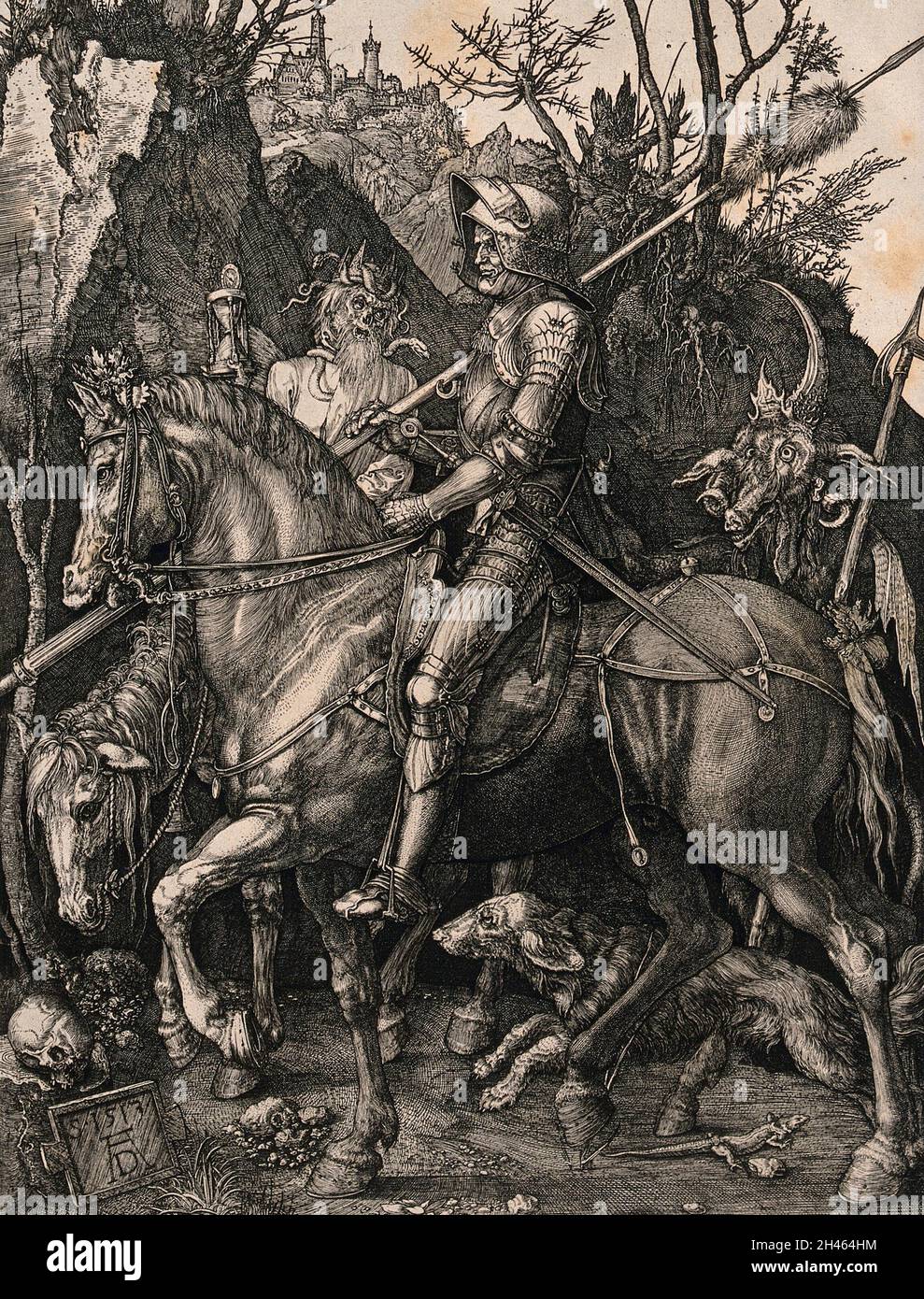 Death riding side by side with a knight followed by a devil. Etching ...
