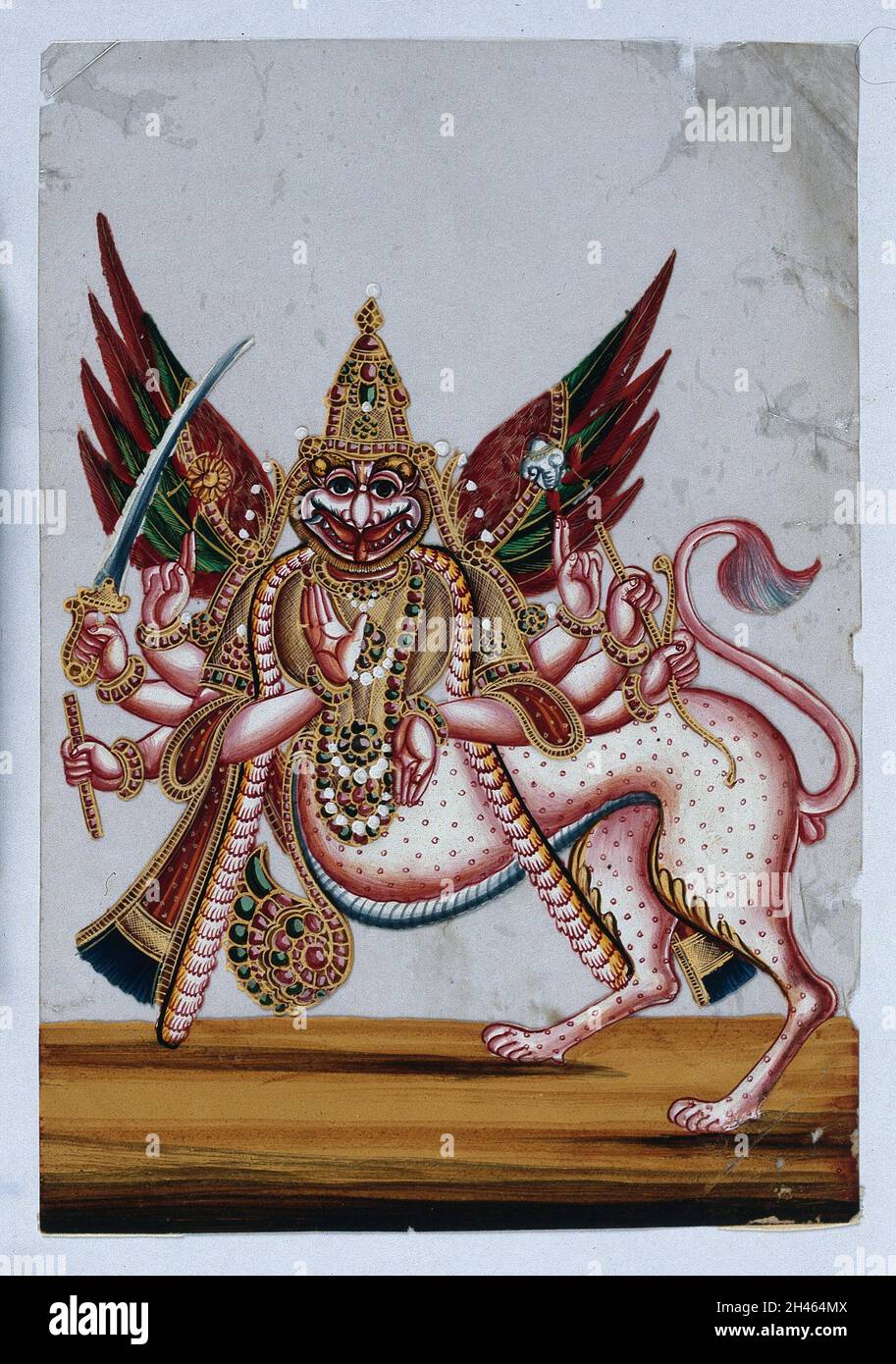 Narasingha (?), a half lion avatar of Lord Vishnu. Gouache painting on ...