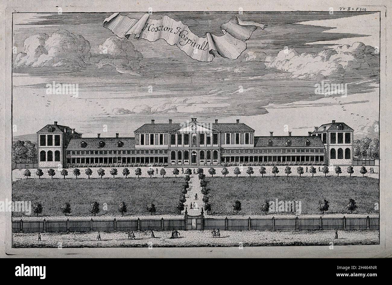 Aske's Hospital, Shoreditch, London: the facade. Engraving, 1720 Stock ...