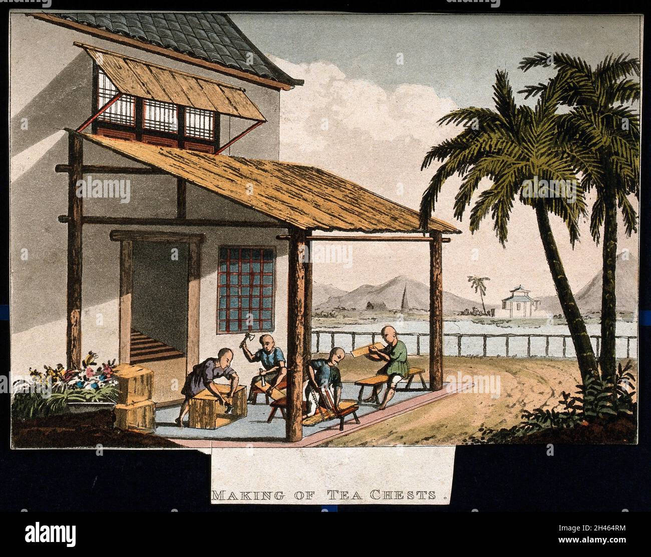A tea plantation in China: workers make tea chests. Coloured aquatint ...