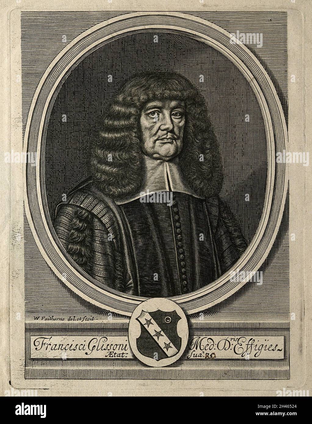 Francis Glisson. Line engraving by W. Faithorne, 1677, after himself ...