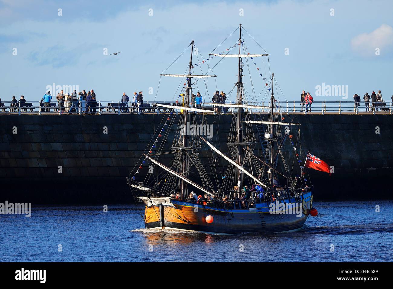 Replica of Bark Endeavour giving pleasure trips around Whitby Bay,North ...