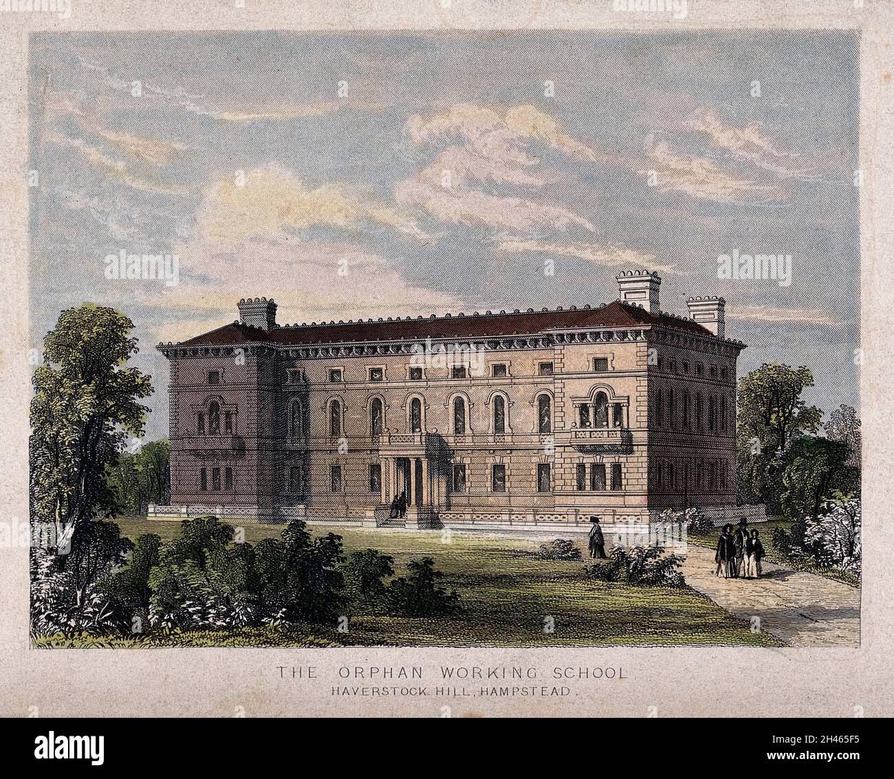 The Orphan Working School, Hampstead: the entrance facade. Coloured ...