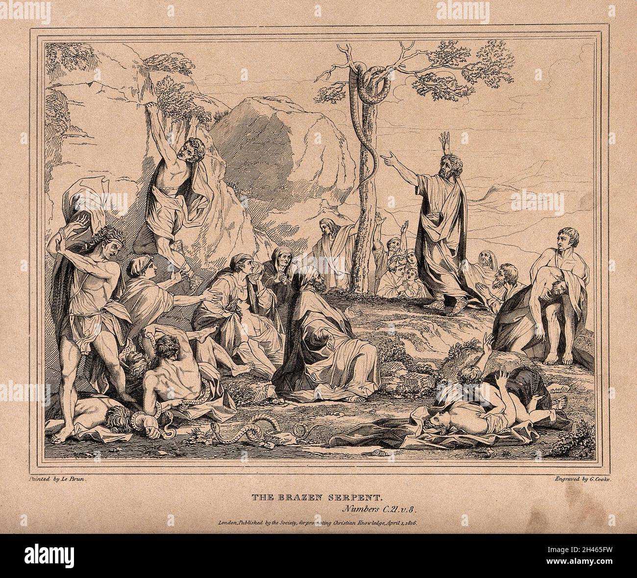 Moses points to the brazen serpent while his people writhe on the ...