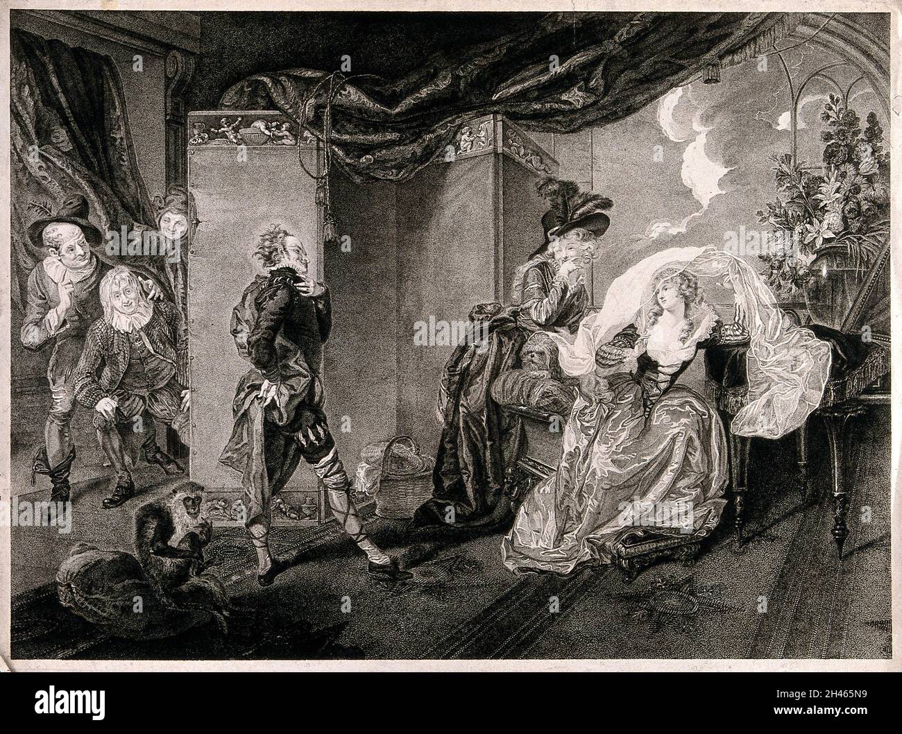 Malvolio speaks to Olivia in a room, to the amusement of Maria. Stipple ...