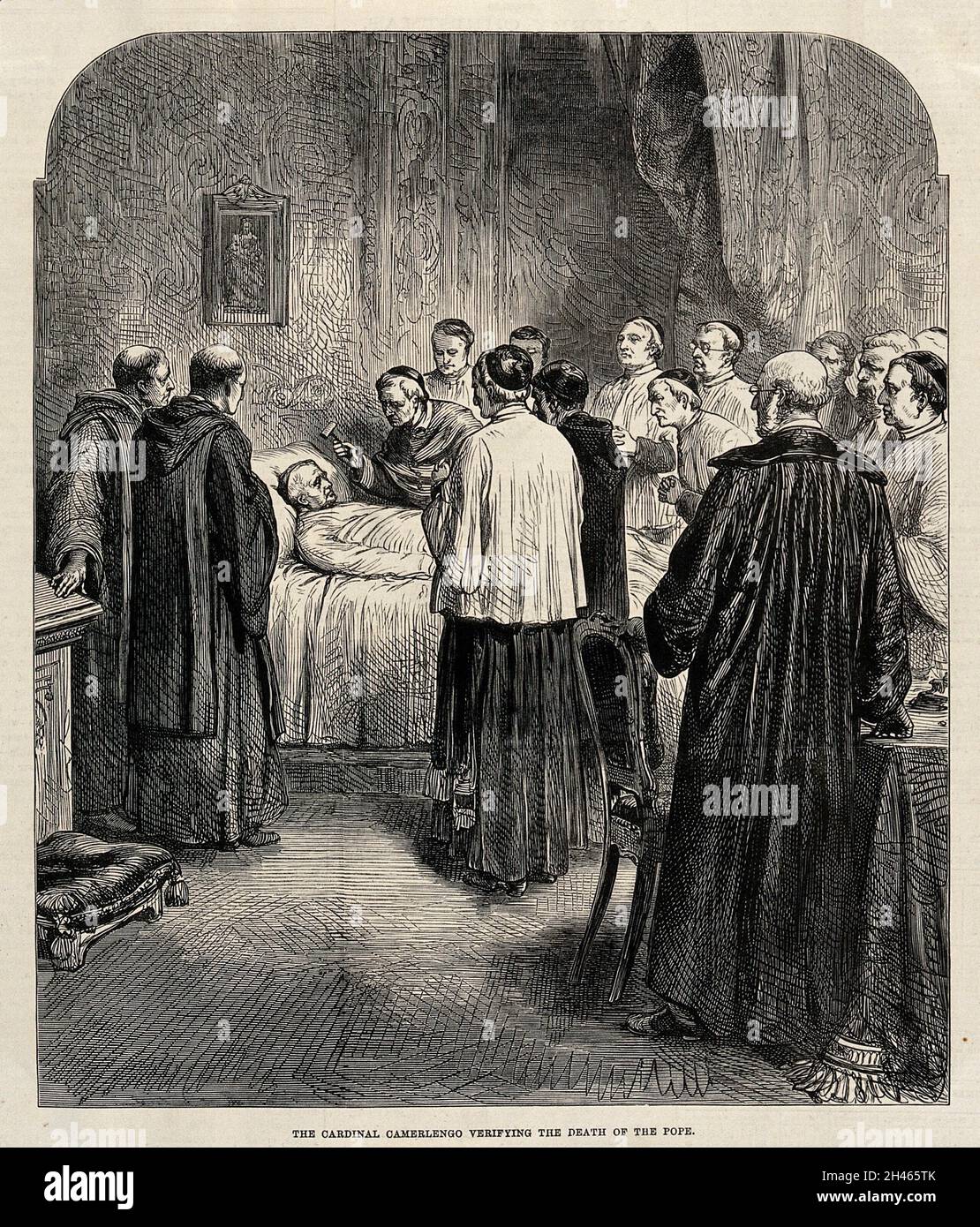 Cardinal Pecci, the Camerlengo, verifying the death of Pope Pius IX ...