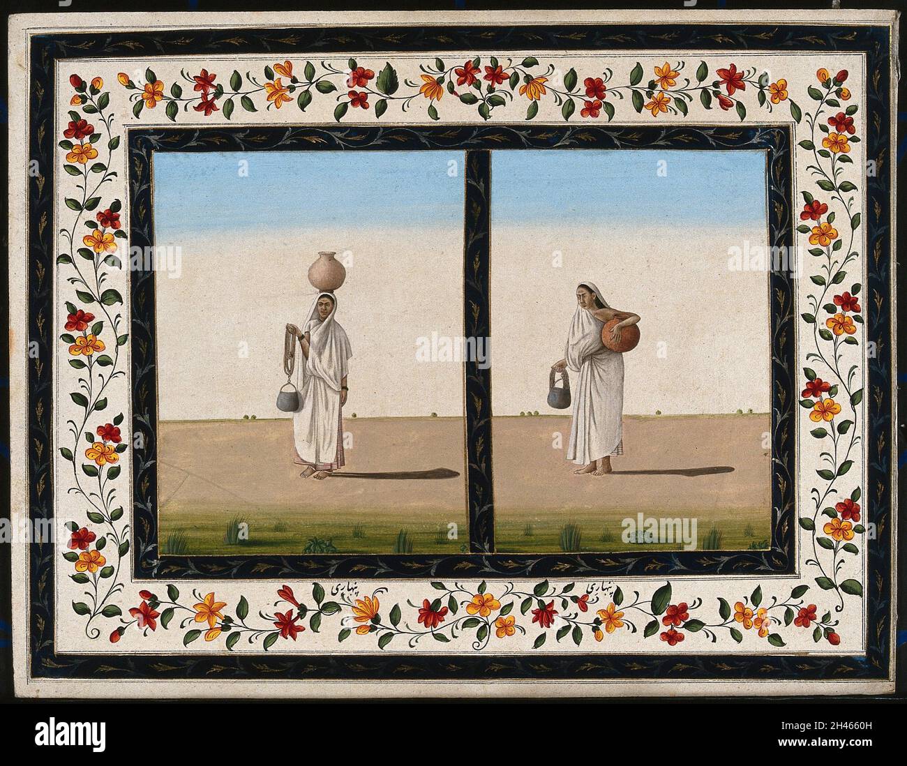 Two Indian women carrying water. Gouache painting by an Indian artist ...