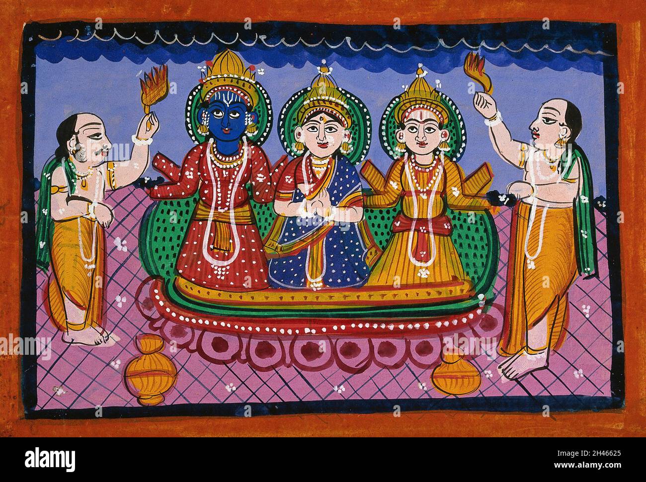 Krishna, Rakmini, Balarama in Jagannāth style and two worshippers ...