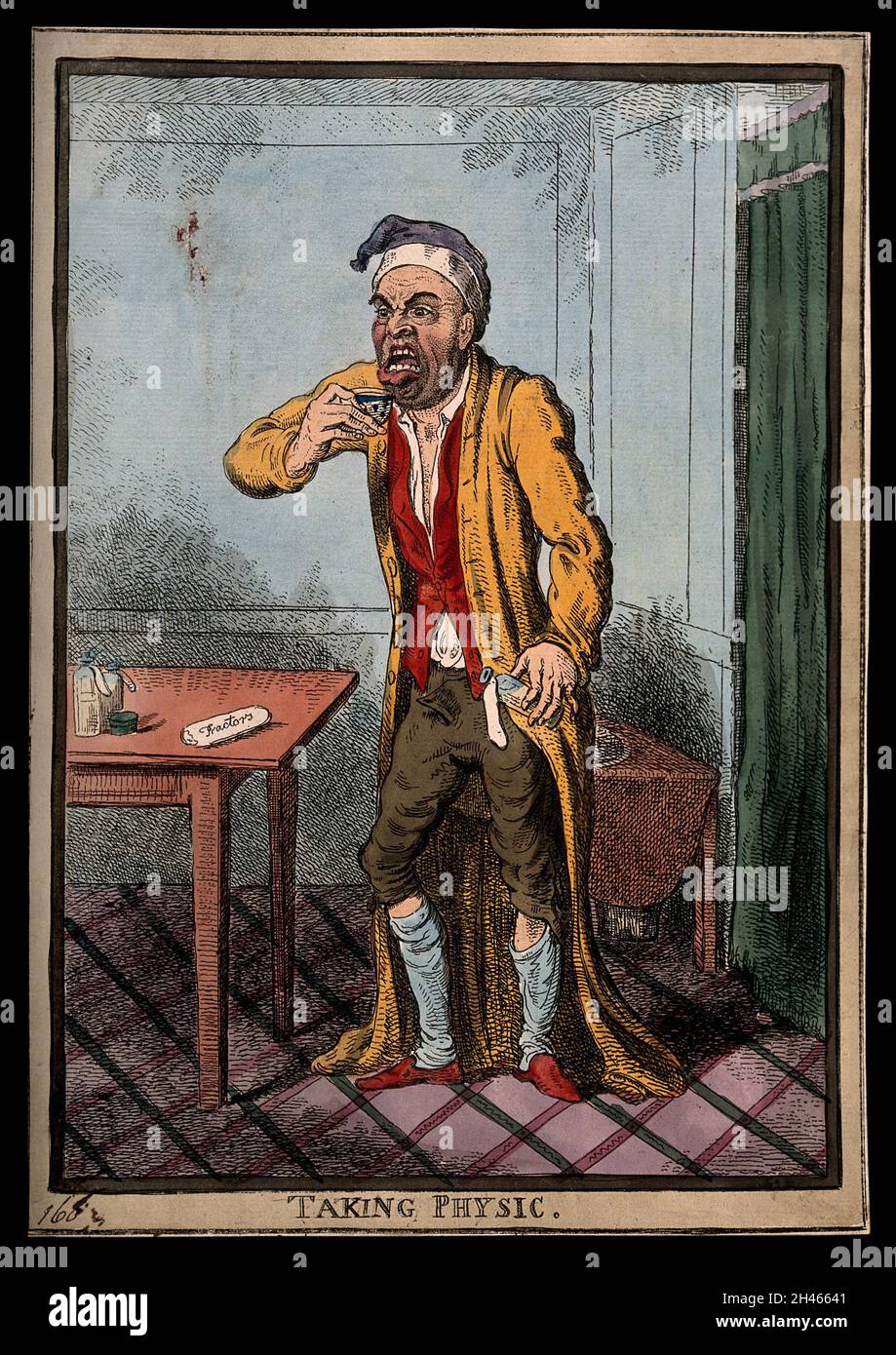 A man pulling a peculiar face as he is about to take some medicine ...