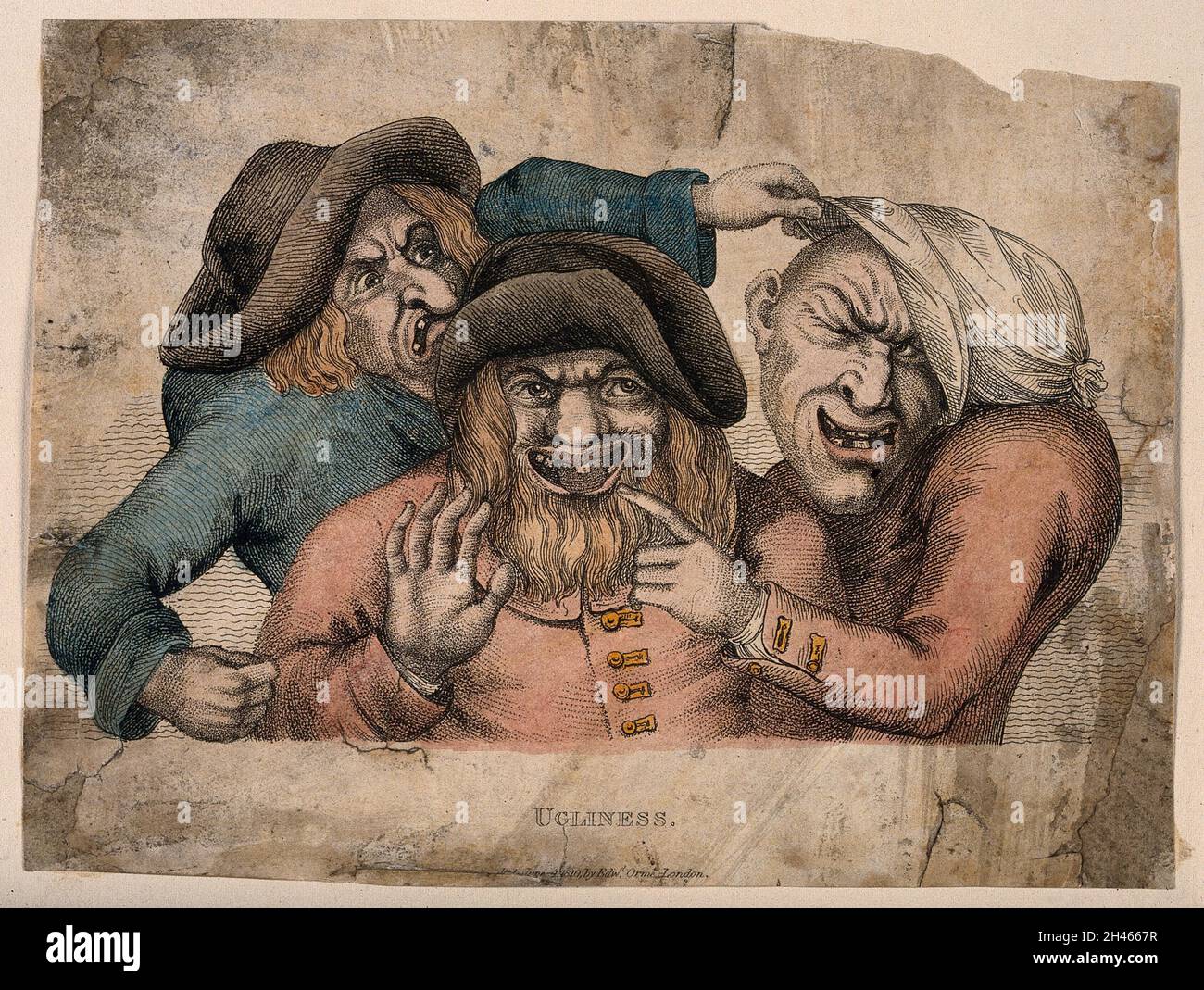 Three grotesque old men with missing teeth pointing and grimacing at ...