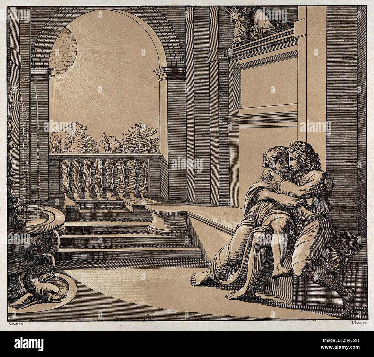 Abimelech surprises Isaac and Rebekah. Colour lithograph by L. Gruner ...