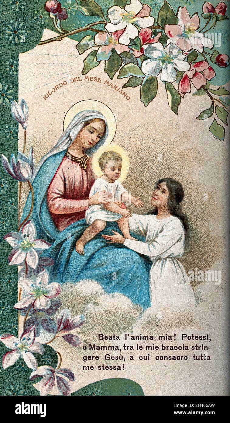 A pious girl approaching the Virgin and Christ Child. Colour lithograph ...