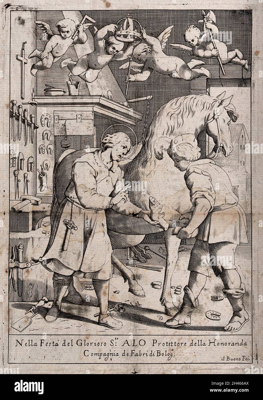 Saint Eligius. Line engraving by "il Buono Stock Photo - Alamy