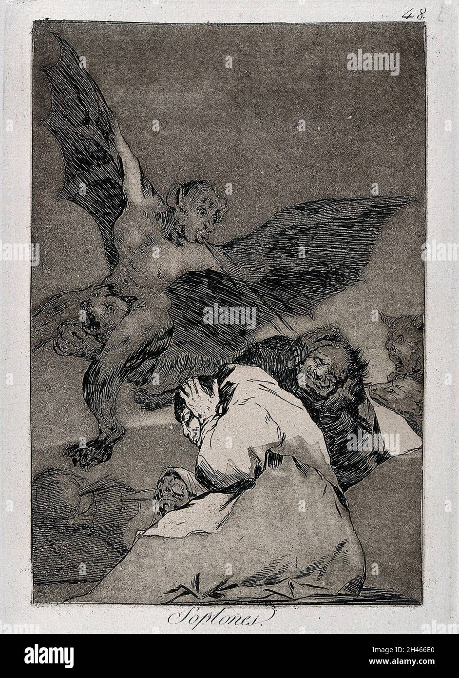 A winged devil figure riding on a cat awakening some monks by blowing ...