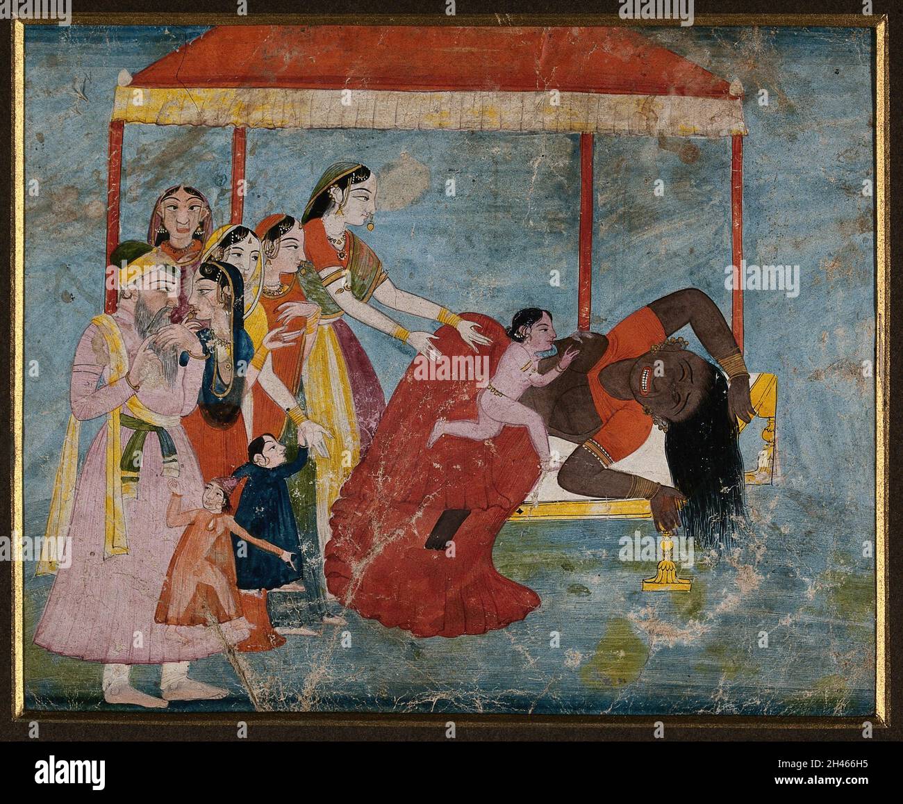 Lord Krishna killing Putana, the demon. Gouache painting by an Indian ...