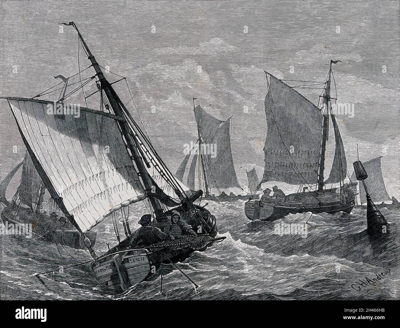 Six sailing boats navigate choppy seas. Wood engraving by G.H. Andrews ...