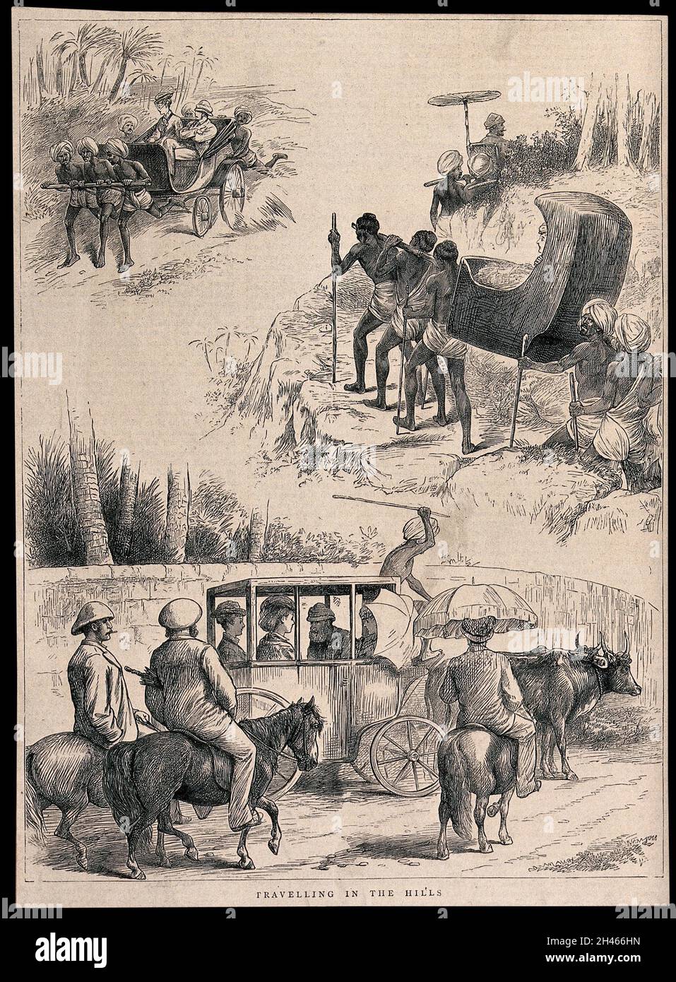 European men and women being transported by Indian men, in a coach ...