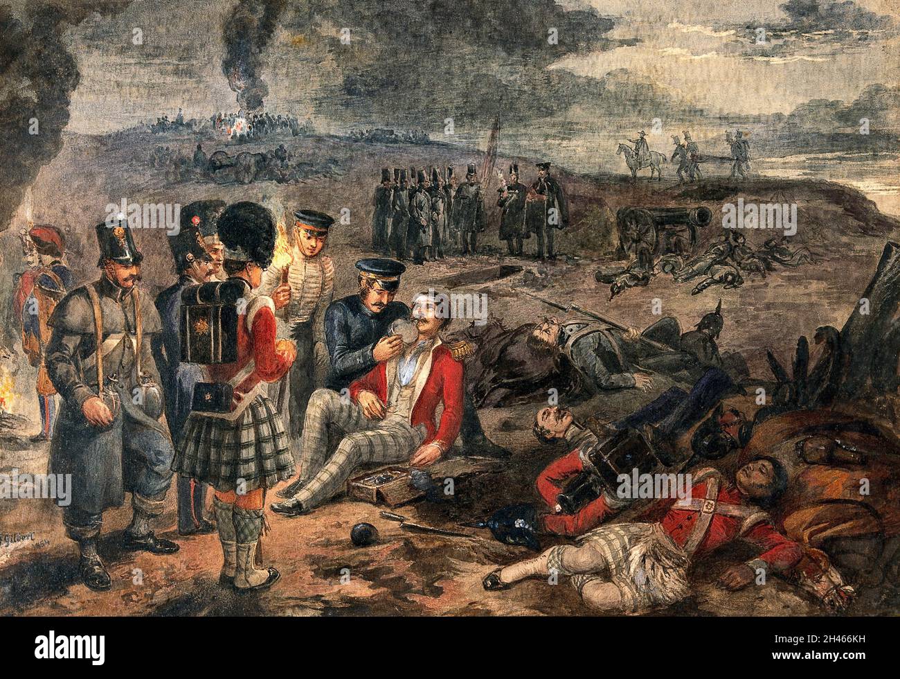 Aftermath of a battle with wounded soldiers. Watercolour after Sir J ...