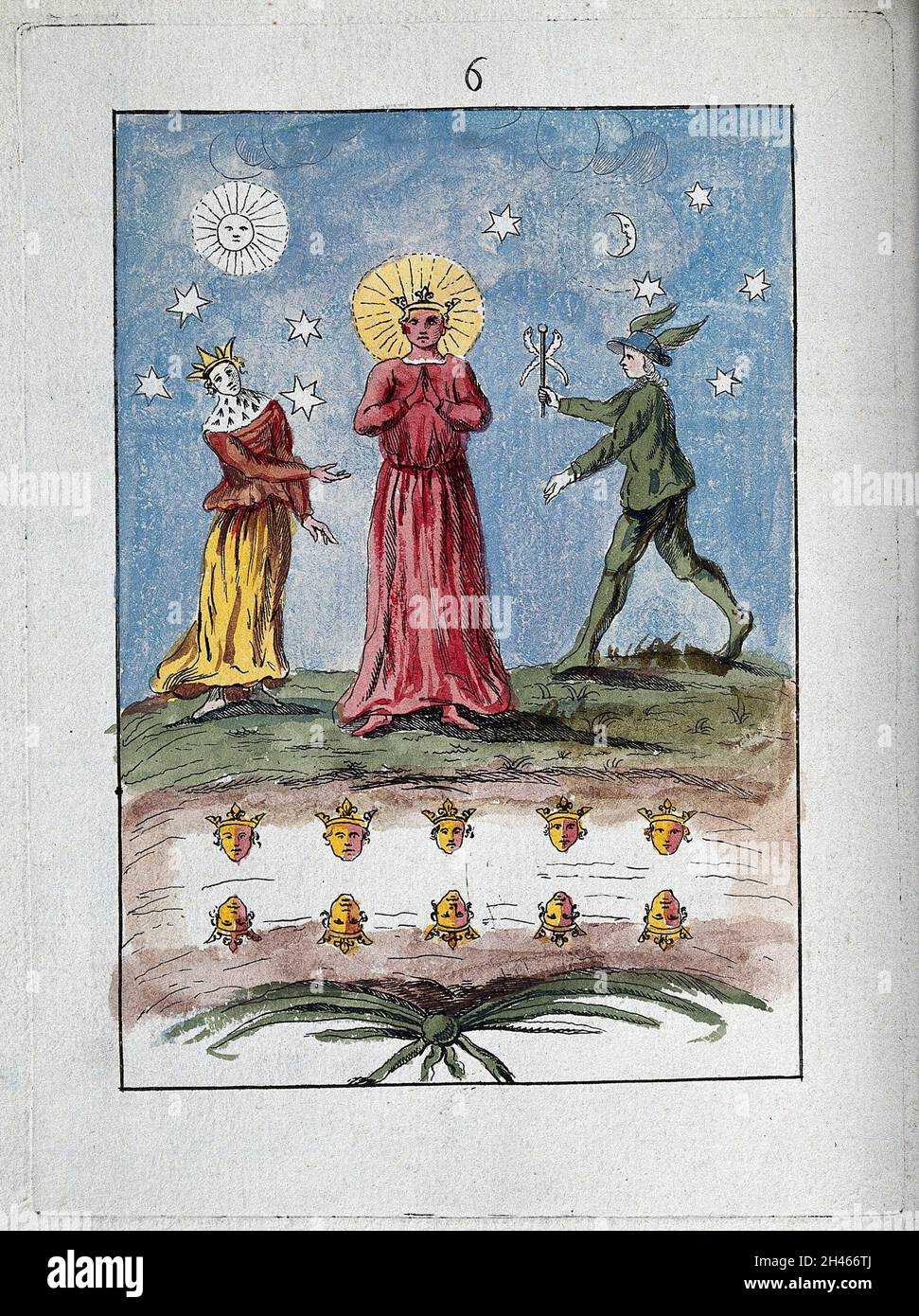 A red-faced king stands in a red robe, flanked by a queen and the deity ...