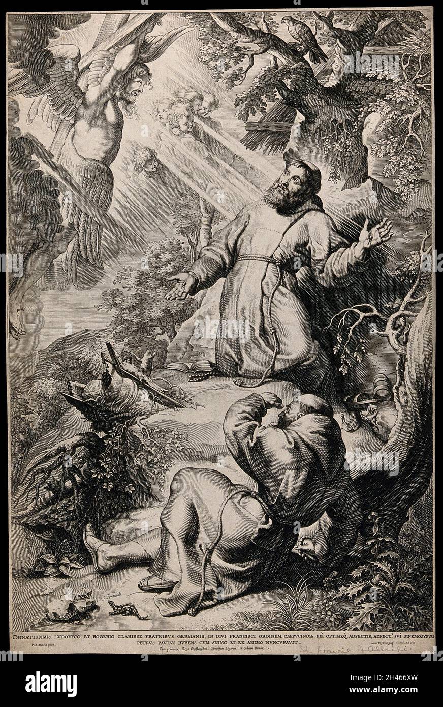 Saint Francis of Assisi receiving the stigmata from Christ on the cross ...