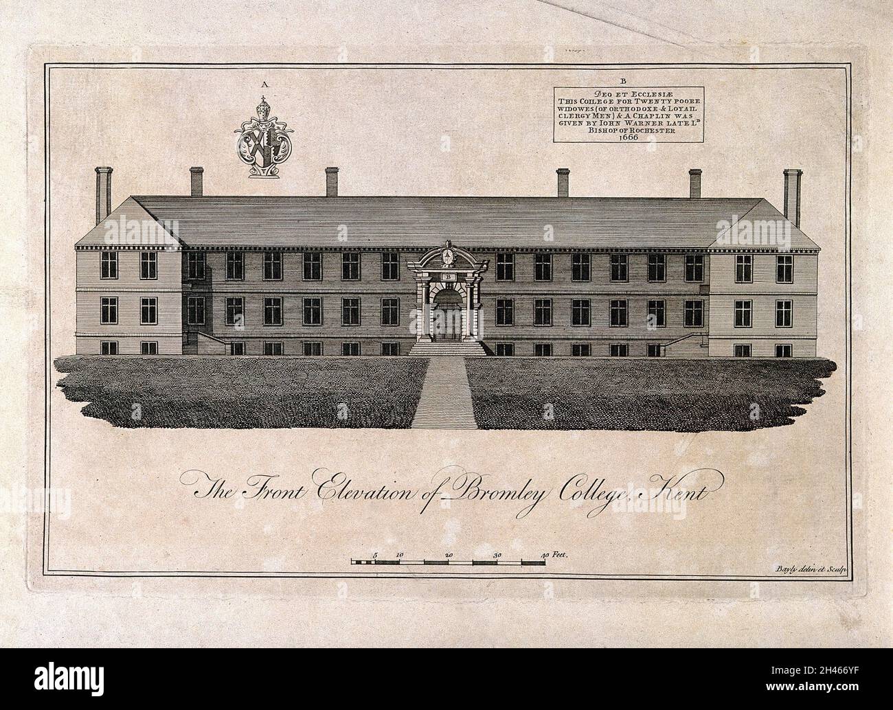 The front elevation of Bromley college, coat of arms and scale key ...
