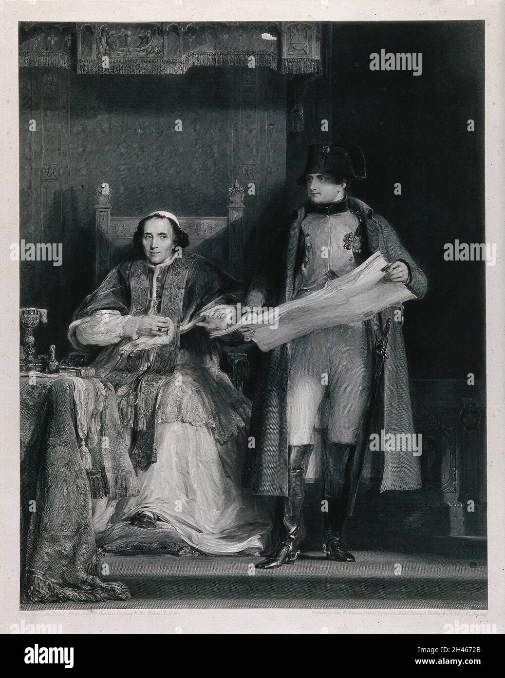 Napoleon standing next to Pope Pius VII, seated, his right foot resting ...