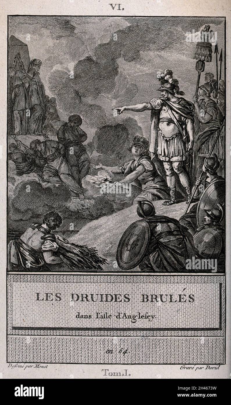 A Roman soldier is ordering the burning of the druids who are tied to a ...