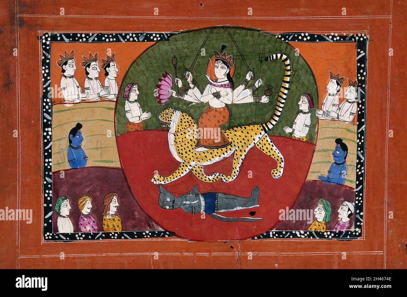 Durga slaying the Buffalo demon surrounded by devotees. Gouache drawing ...