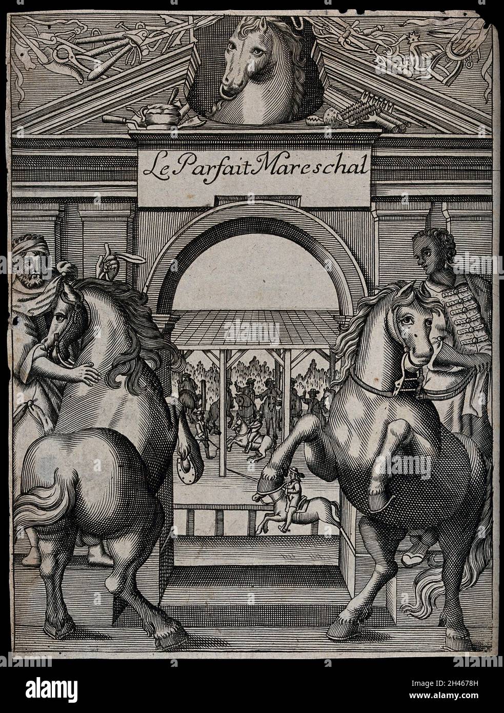 Two men with horses in front of a classical monument decorated with the ...