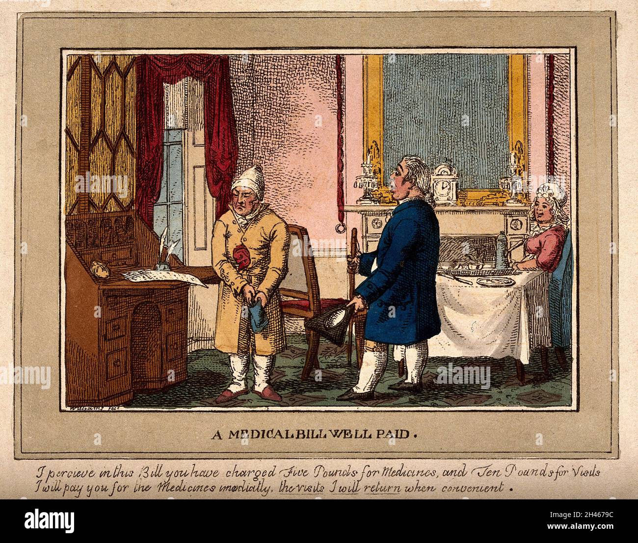 A doctor and his patient talking at cross purposes. Coloured etching by ...