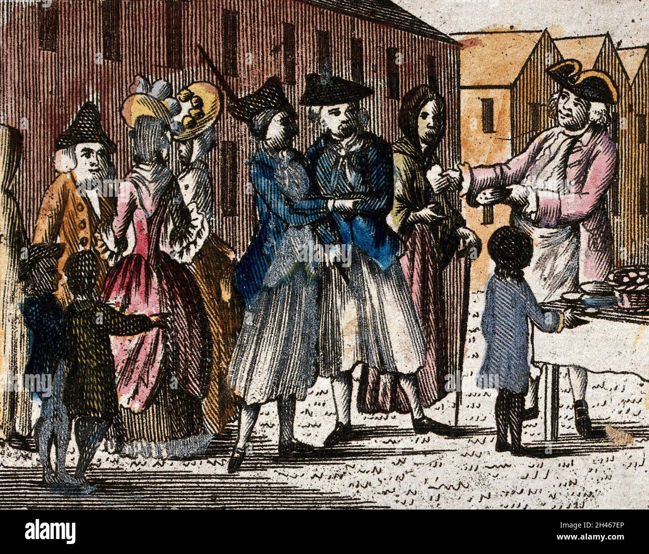 A biscuit seller is offering his wares to a crowd of people. Coloured ...