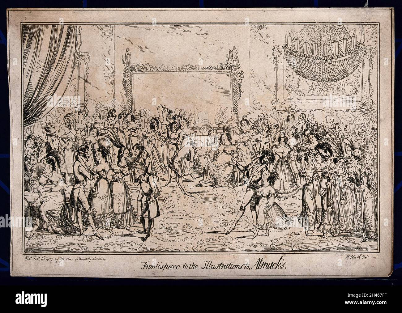 Couples stand and sit around a dance floor, some women have fans and ...