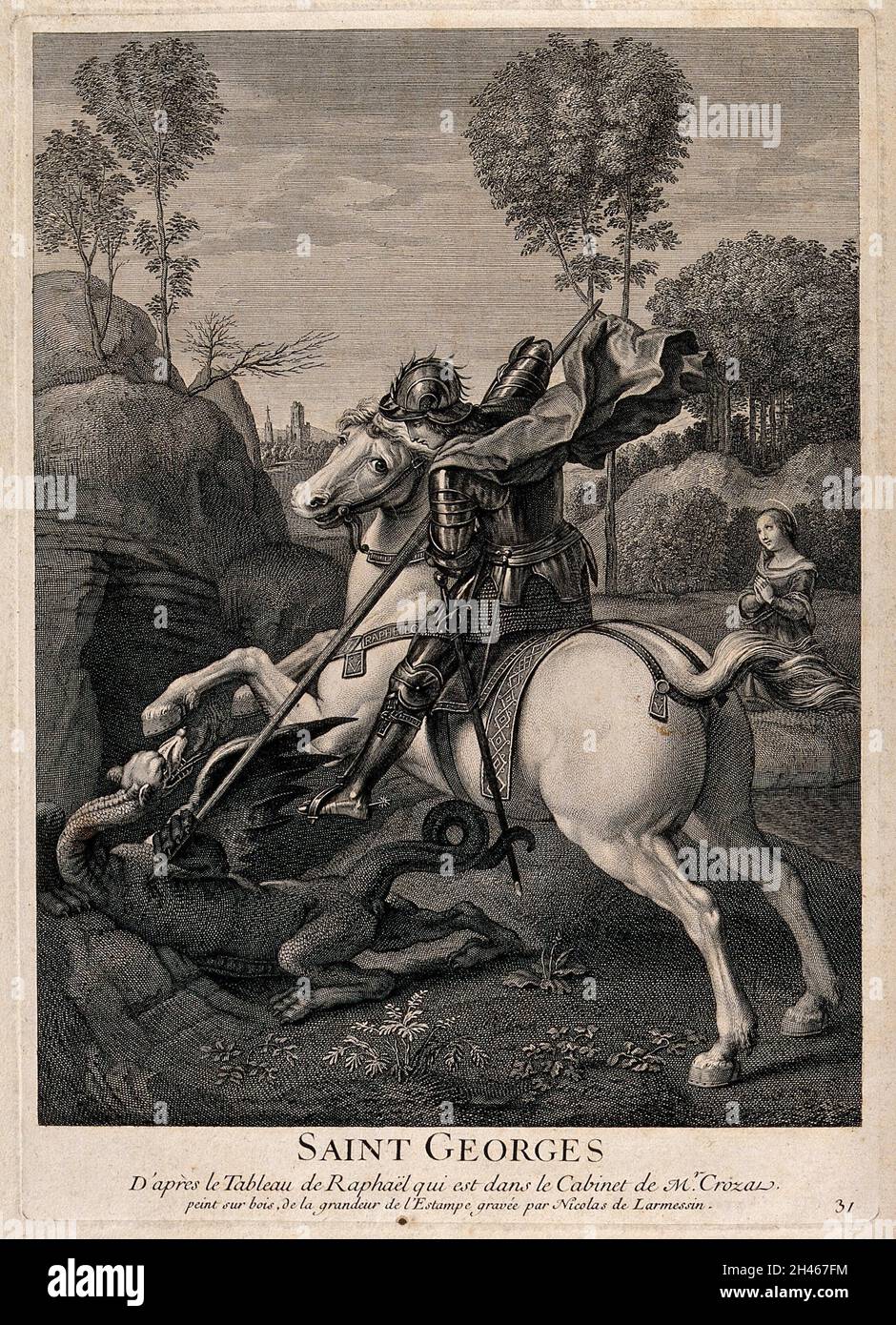 Saint George. Engraving by N. de Larmessin after Raphael, 1729 Stock ...