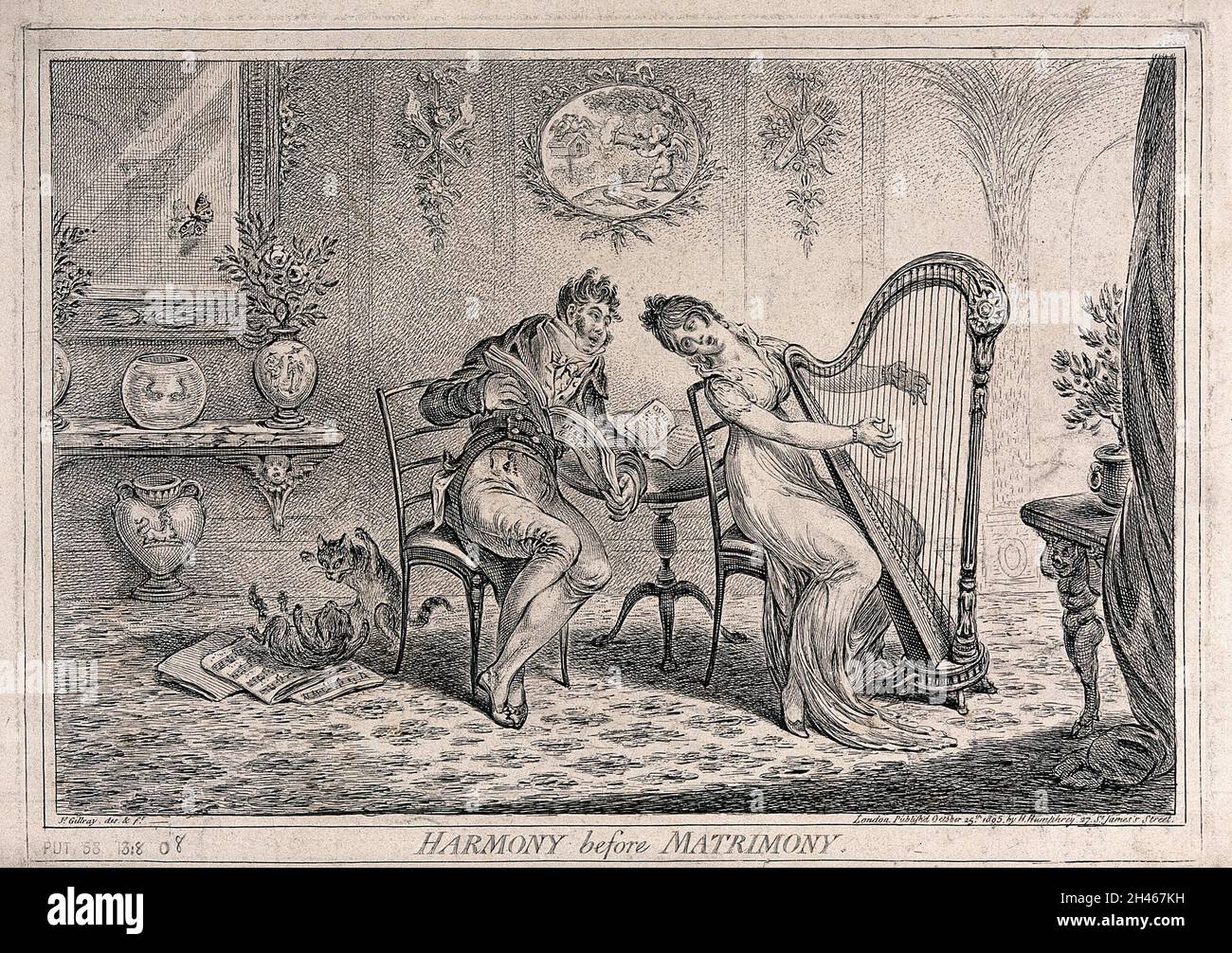 A woman is playing the harp as she and her male companion sing together ...