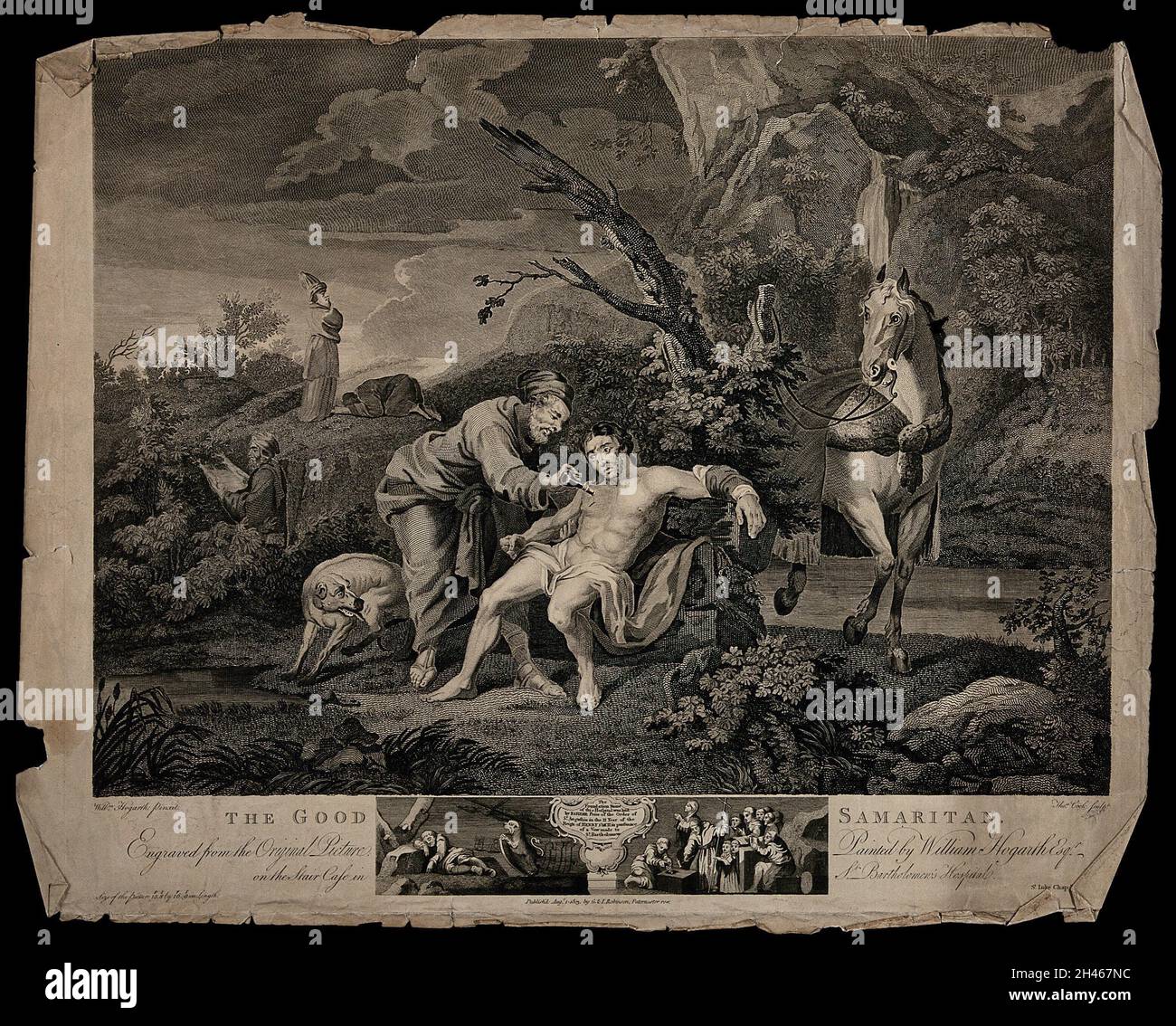 The good samaritan tending to a wounded man while a priest and a Levite ...