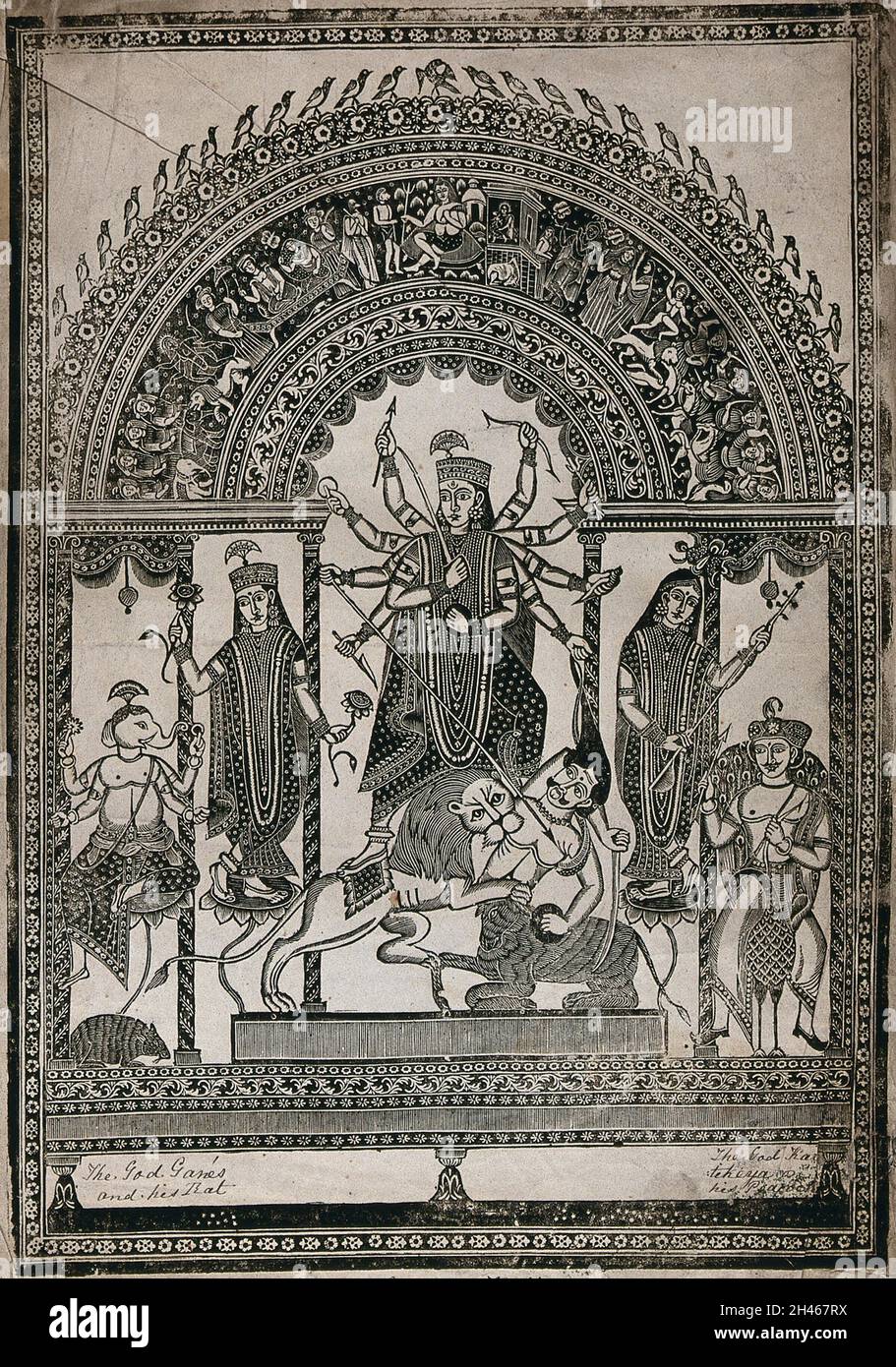 Durga slaying the Buffalo demon depicted on a stand and surmounted on a ...