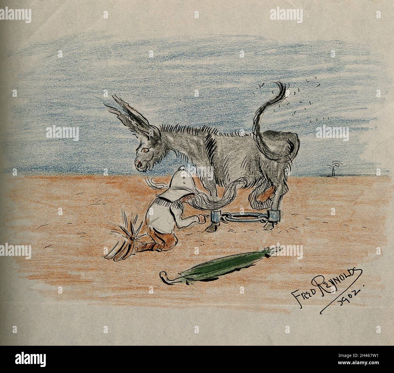 Henry Solomon Wellcome. Pen and coloured pencil drawing by F. Reynolds ...