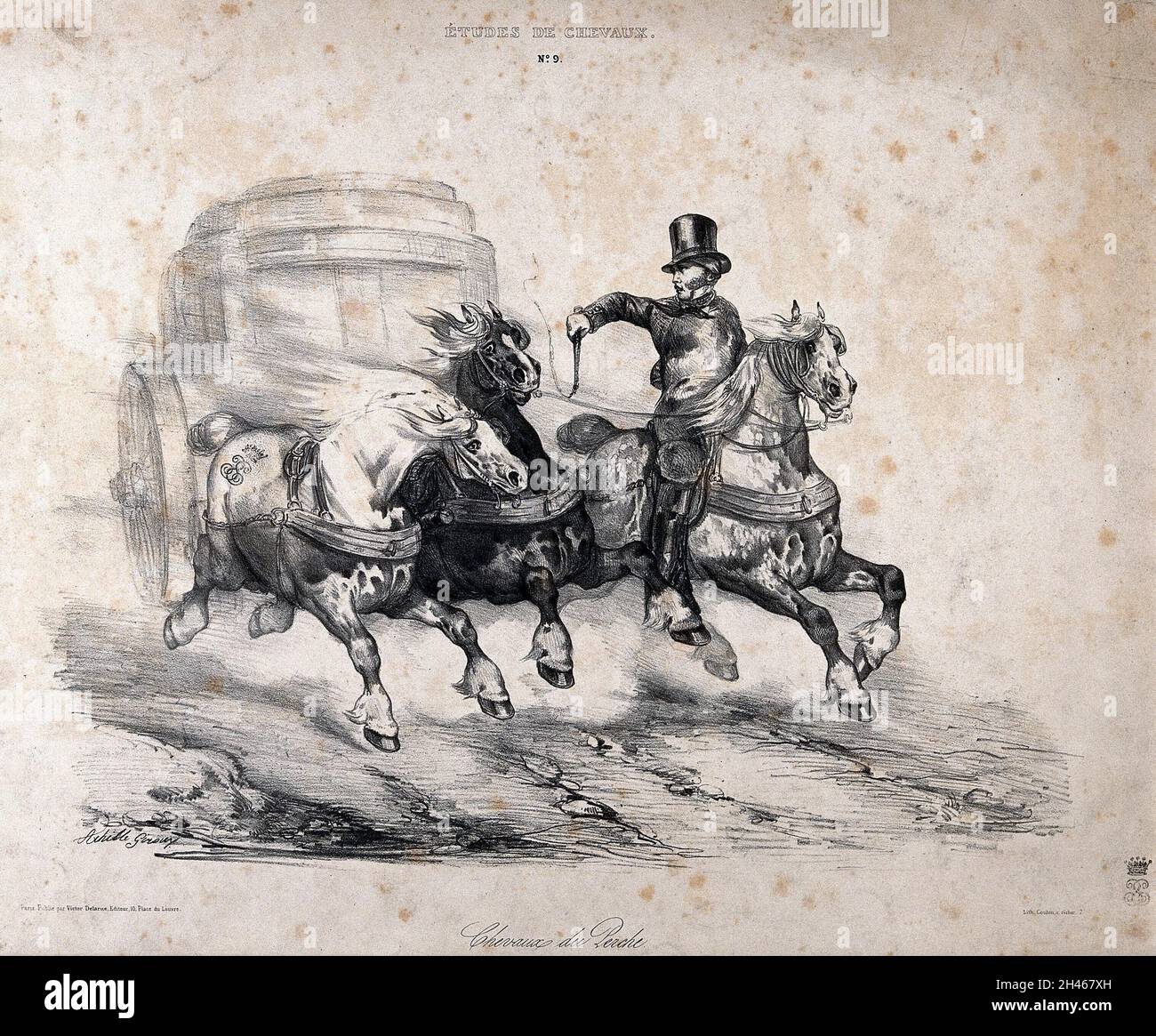 A well-dressed man on horseback gallops alongside two horses drawing a ...