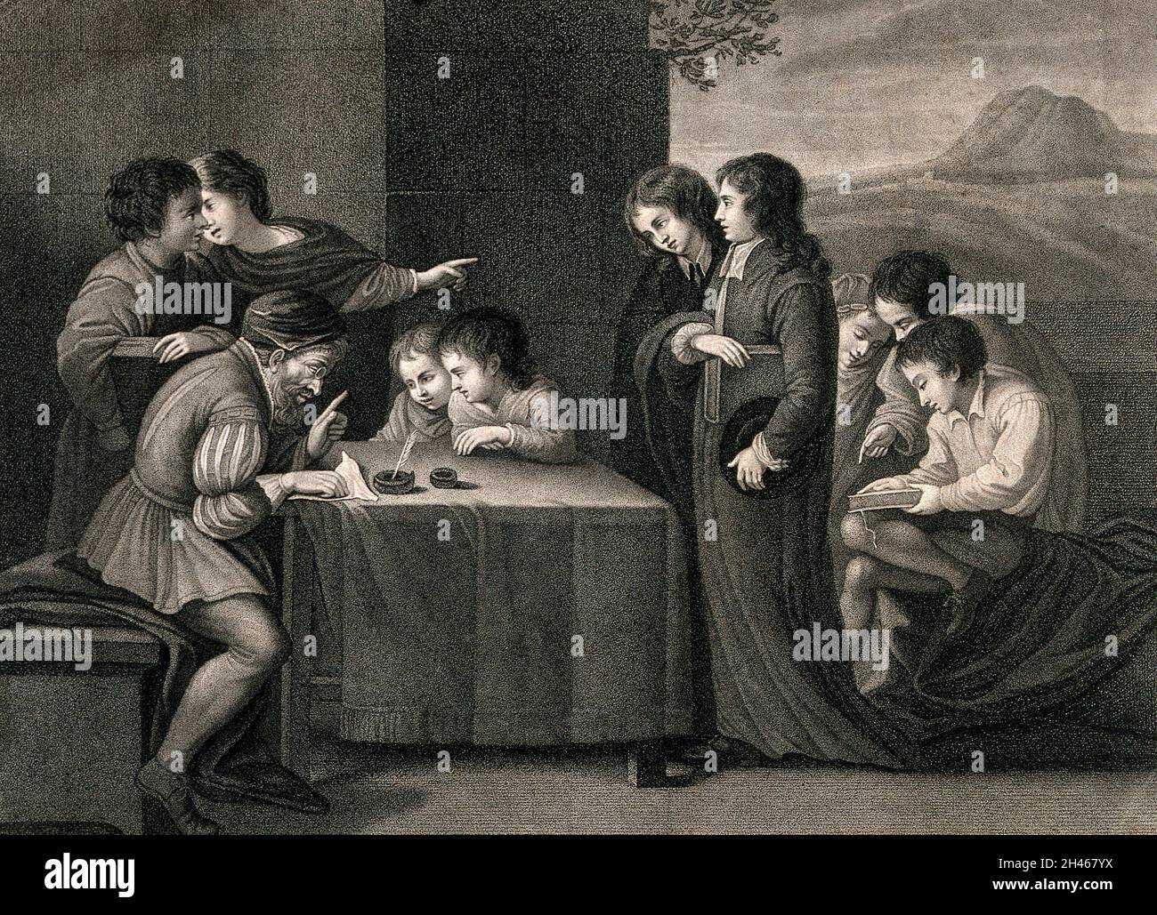 Boys are being taught by an schoolmaster sitting at a table. Stipple ...