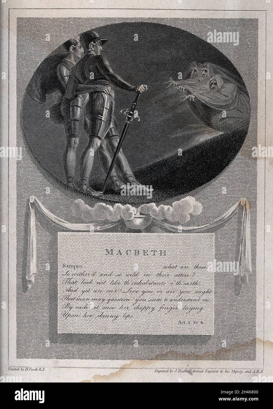 Macbeth and Banquo meet the three witches on a heath; scene from ...