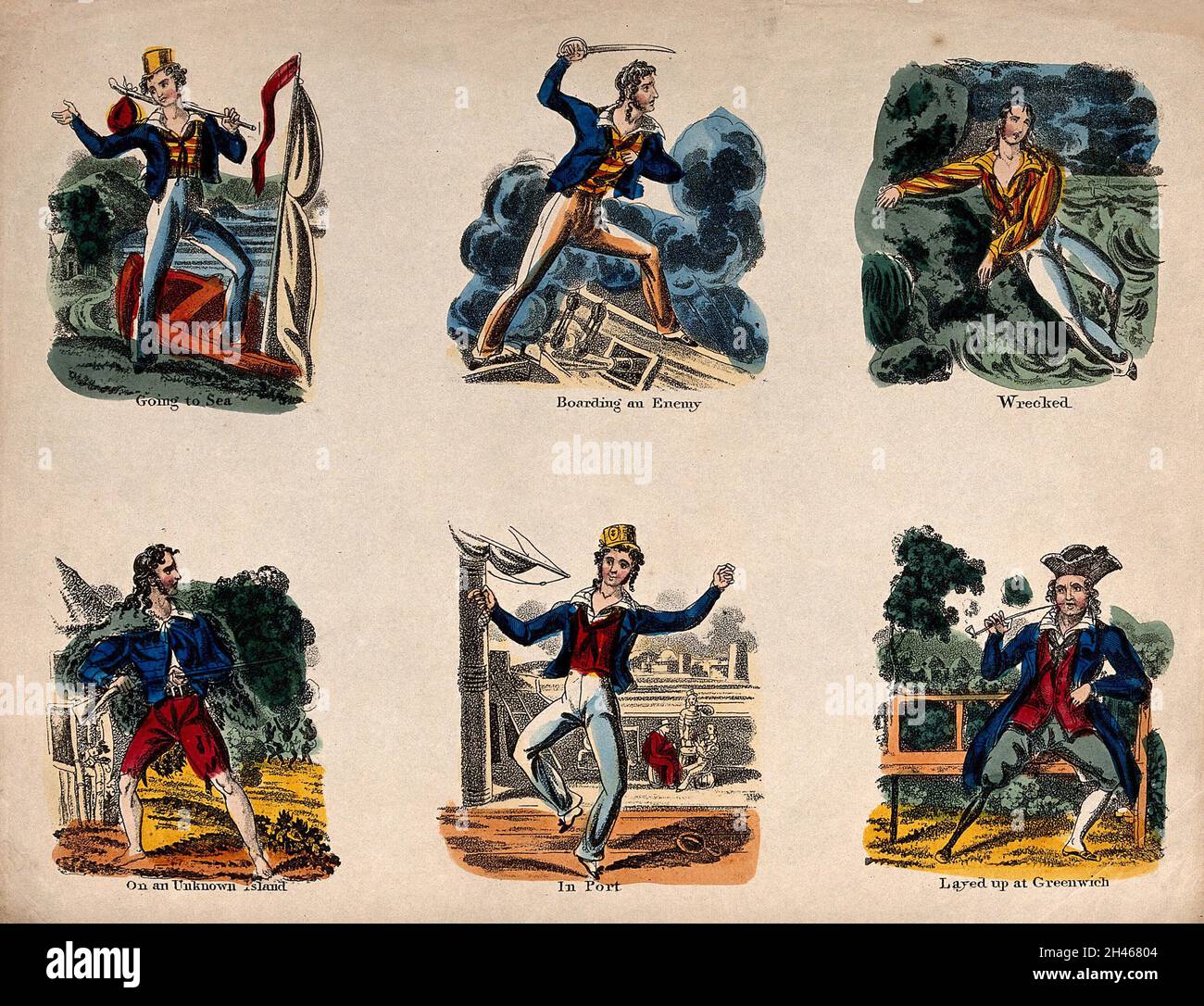 A sailor at different stages in his chosen occupation. Coloured etching ...