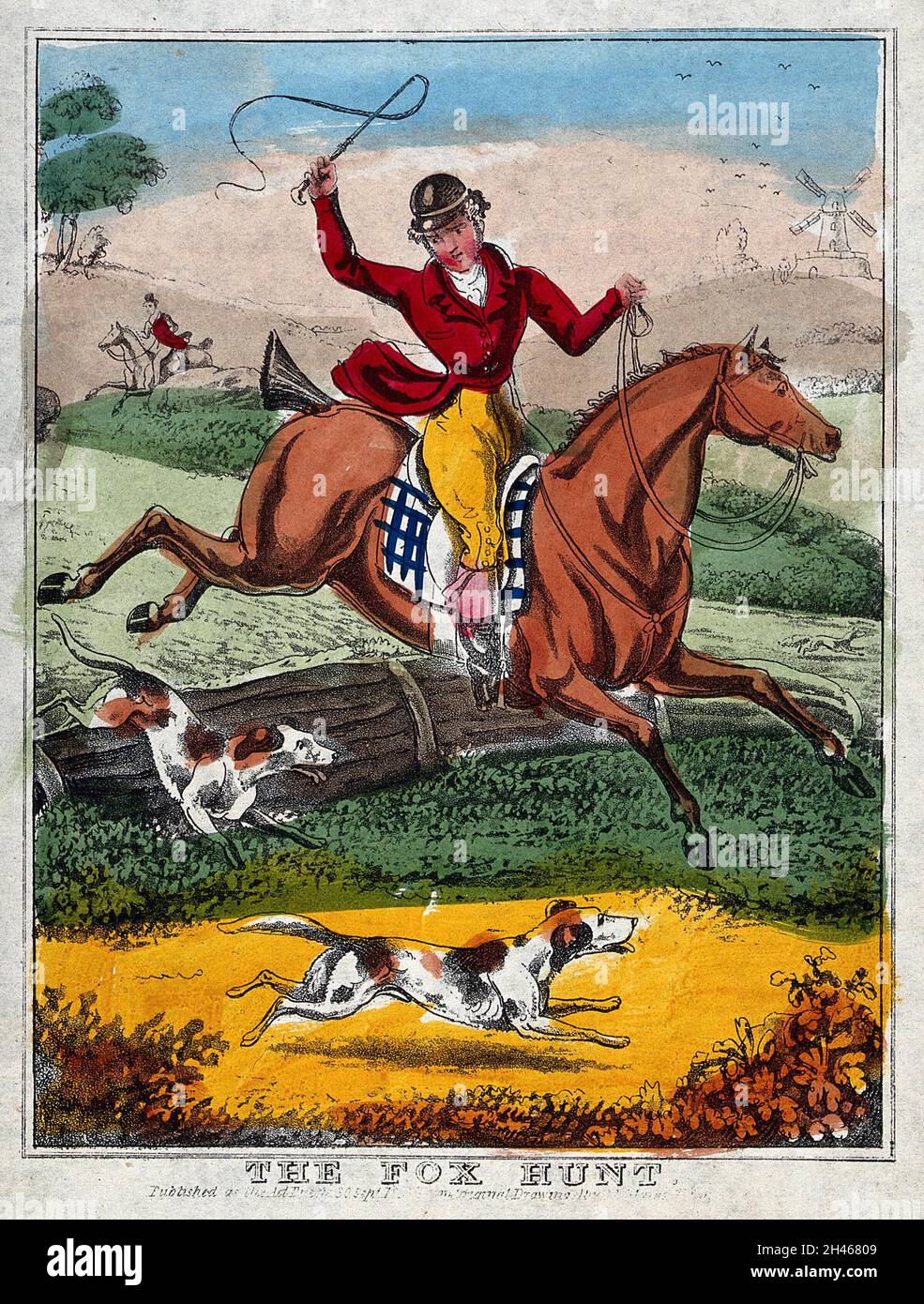 A rider charging over a hurdle followed by two dogs. Coloured ...
