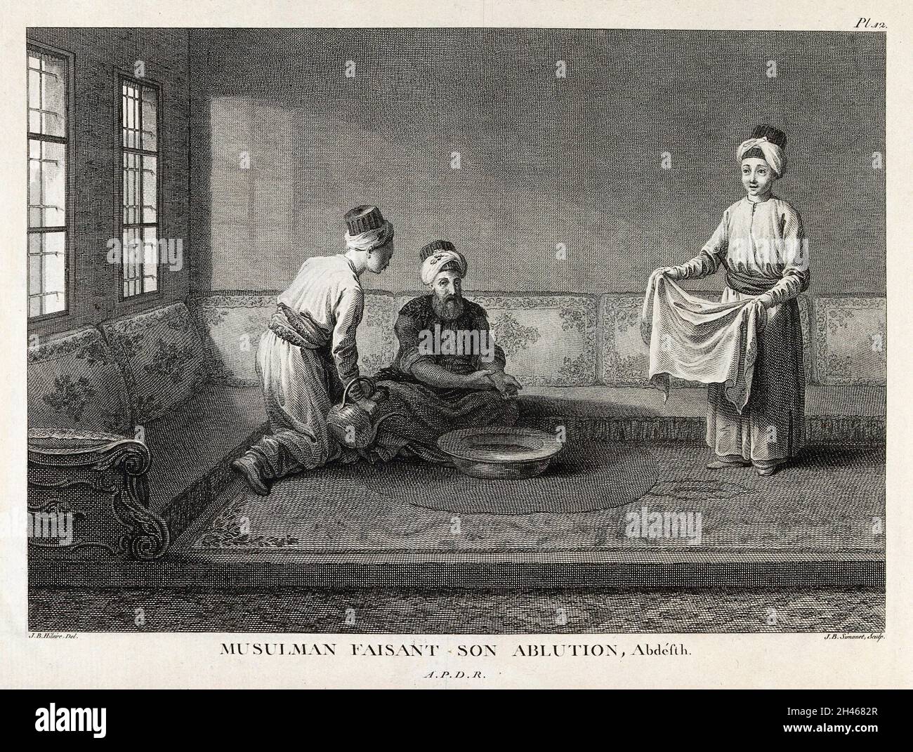 A Muslim man at his ablutions being attended by two servants. Engraving ...