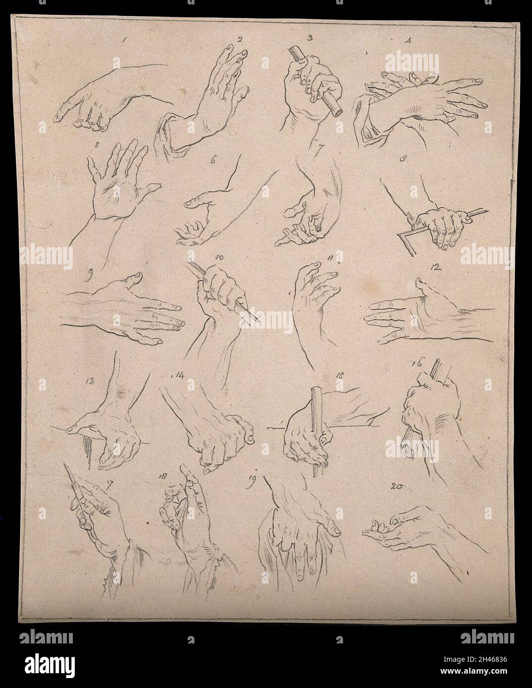 Twenty hands shown in various postures, movements and deeds. Drawing, c ...