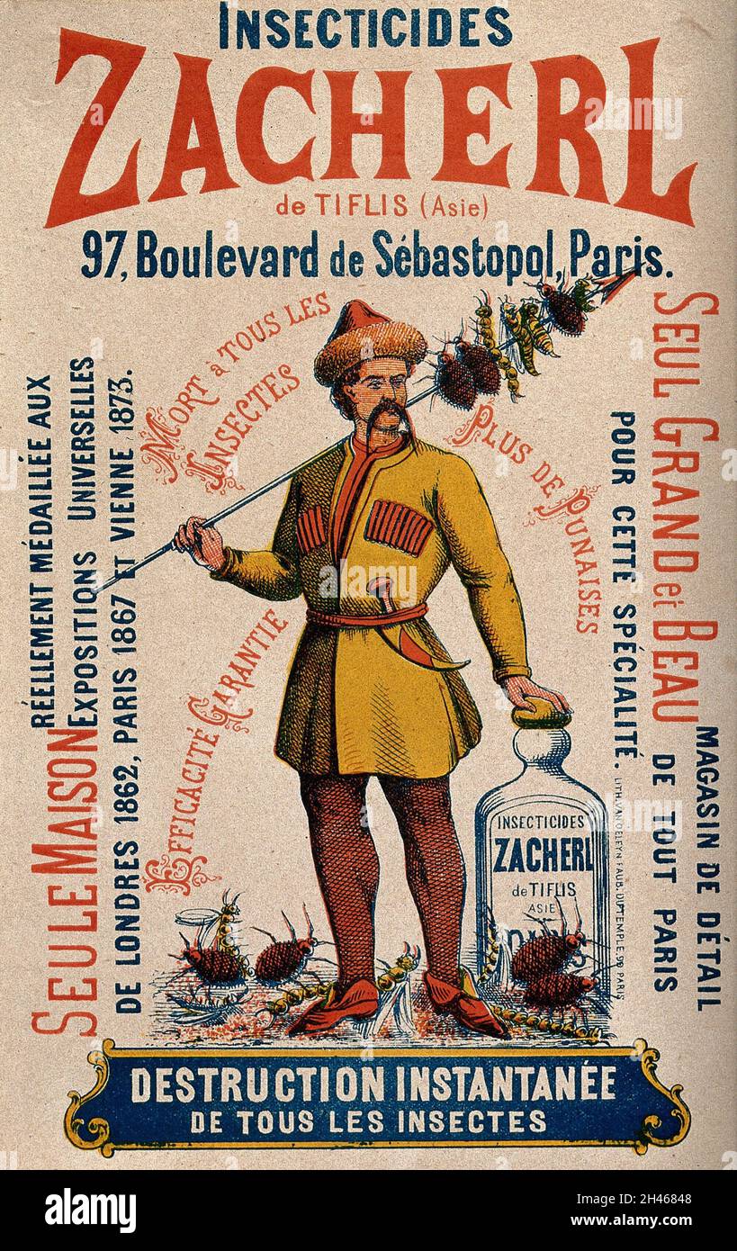 A cossack holds a spear on which insects are impaled; advertising ...