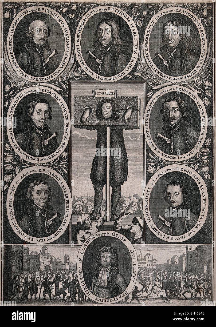 Titus Oates standing in the pillory surrounded by medaillons of people ...