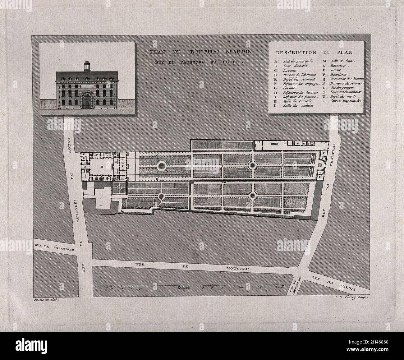 Beaujon Hospital, Paris: facade, floor plan and key. Line engraving by ...
