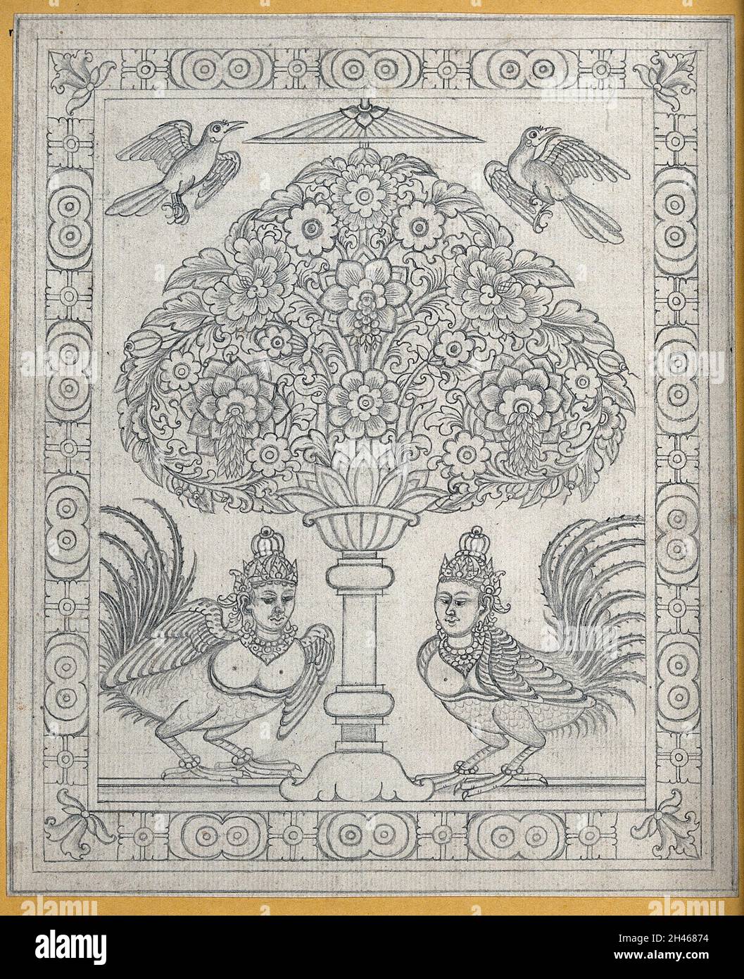 Temple sculpture: a tree with two harpies and two birds surrounded by a ...