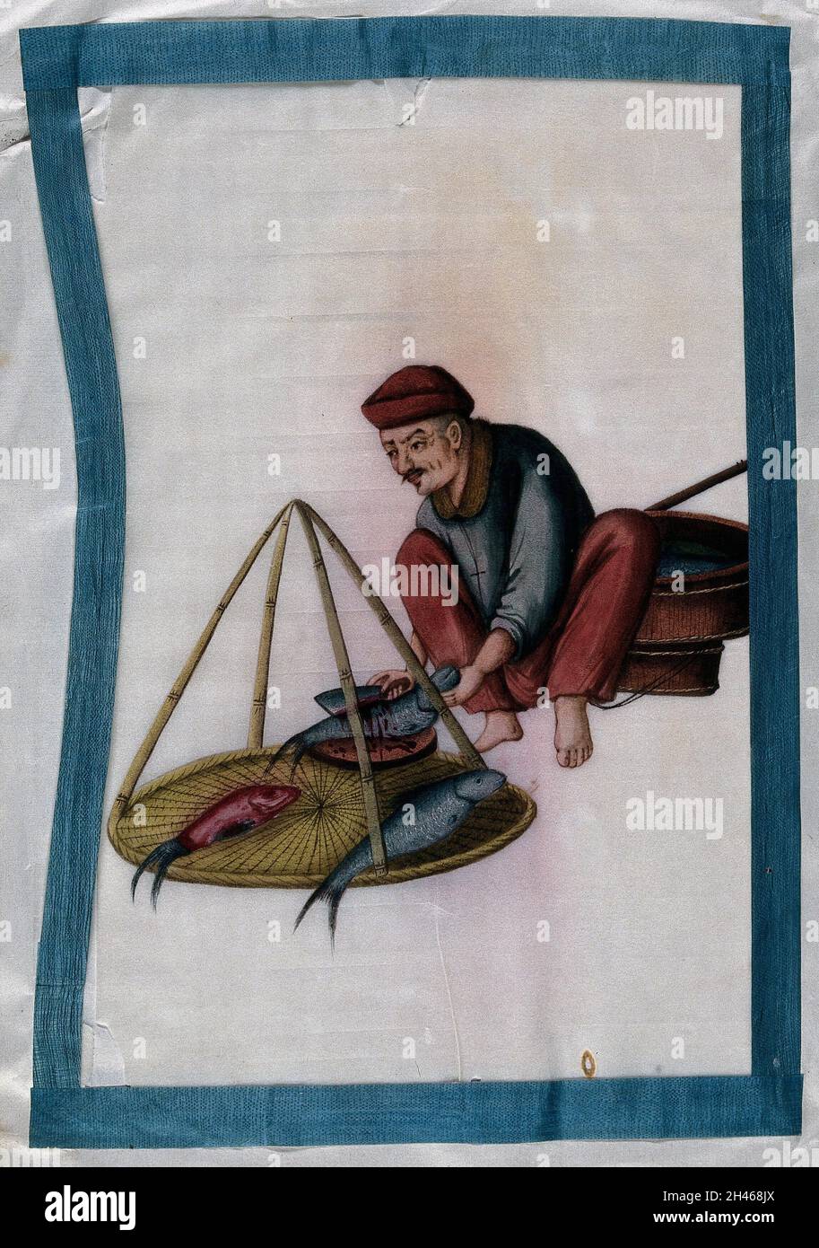 A Chinese fishmonger. Painting by a Chinese artist, ca. 1850 Stock ...