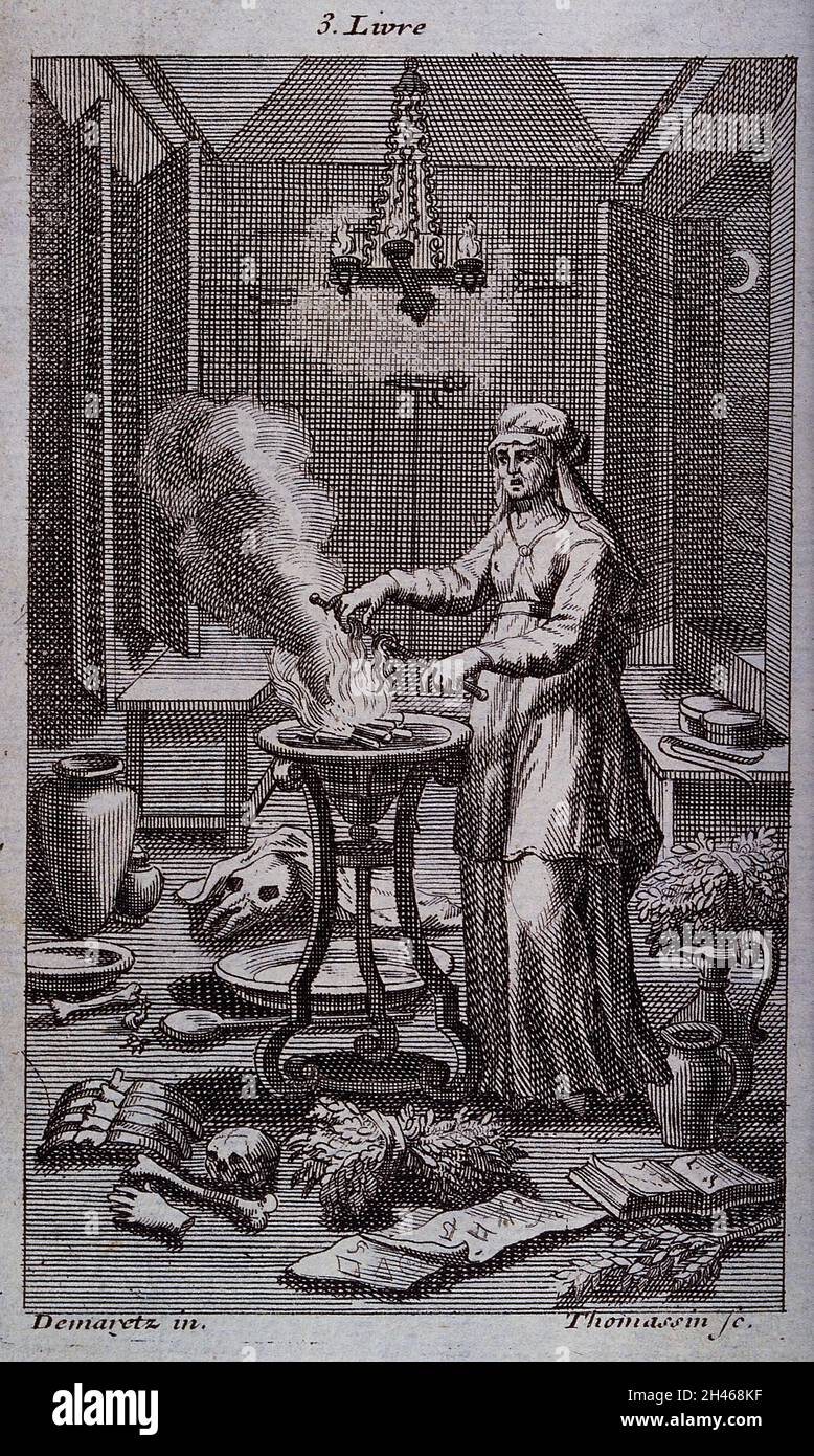 A Witch Casting Spells Over A Steaming Cauldron Engraving By H S
